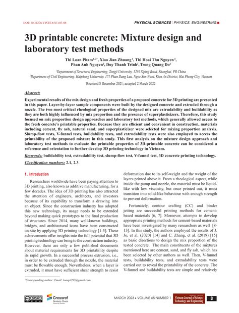 Pdf 3d Printable Concrete Mixture Design And Laboratory Test Methods
