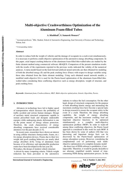 Pdf Multi Objective Crashworthiness Optimization Of The Aluminum Foam