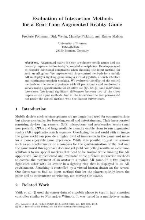 Pdf Evaluation Of Interaction Methods For A Real Time Augmented Reality Game