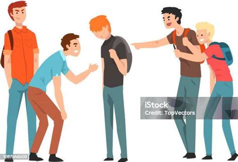 웃으면서 소년 청소년 조롱과 흰색 배경에 학교 벡터 일러스트 레이 션에 왕 따 사이 충돌에서 가리키는 십 대 학생 들 집단 따돌림에 대한 스톡 벡터 아트 및 기타 이미지