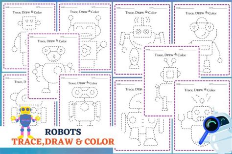Robots Trace And Color Worksheets Graphic By Teachermmm Creative Fabrica Coloring Pages