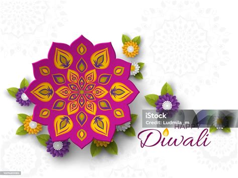 종이와 디 왈 리 축제 휴일 디자인 컷 인도 Rangoli와 꽃의 스타일 흰색 배경 벡터 일러스트 레이 션에 퍼플 색상입니다 3차원 형태에 대한 스톡 벡터 아트 및 기타