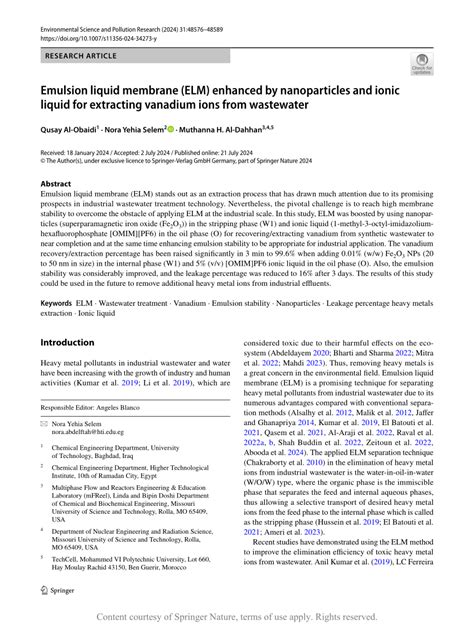 Emulsion Liquid Membrane Elm Enhanced By Nanoparticles And Ionic