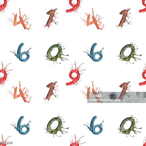 수채화 와 펜 볼 핸드 드로잉 번호 매끄러운 패턴 흰색 고립 된 배경에 스플래시 및 나무 효과 숫자입니다 녹색 갈색 빨강 파랑