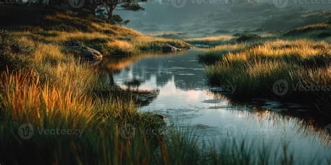 Tranquil Evening Light Reflecting On Calm Water In A Serene Meadow