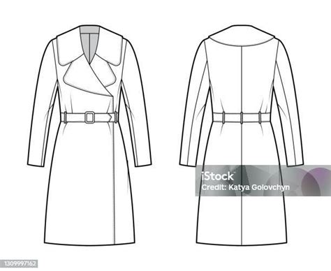 벨트 코트 기술 패션 일러스트와 긴 소매 거대한 노치 칼라 오버사이즈 바디 무릎 길이 플랫 0명에 대한 스톡 벡터 아트 및 기타 이미지 Istock