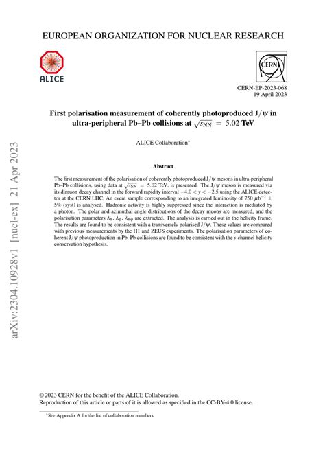 Pdf First Polarisation Measurement Of Coherently Photoproduced J Psi In Ultra Peripheral Pb