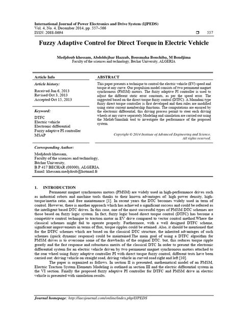fuzzy adaptive control for direct torque in electric vehicle pdf