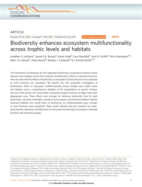 Pdf Biodiversity Enhances Ecosystem Multifunctionality Across Trophic