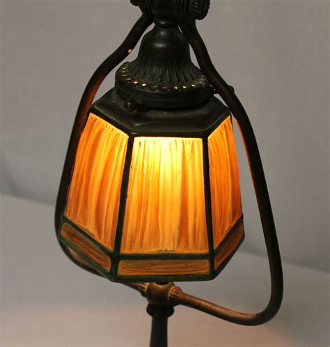 Bargain Johns Antiques Small Antique Desk Lamp Linen Fold Glass