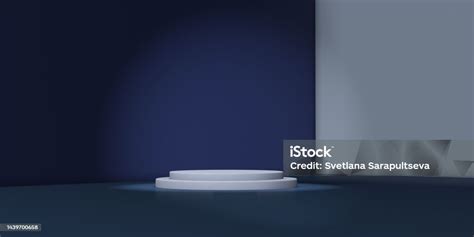 파란색 스튜디오의 흰색 원통형 연단 전시회 및 비즈니스 프리젠 테이션 단계 3d 그림입니다 건설 현장에 대한 스톡 사진 및 기타 이미지 Istock