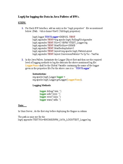 Log4j For Logging The Data In Java Palletes Of Bws Steps Pdf