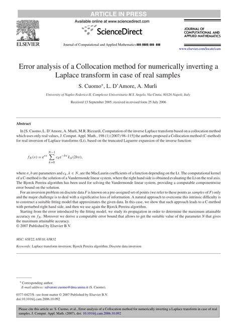 Pdf Error Analysis Of A Collocation Method For Numerically Inverting A Laplace Transform In