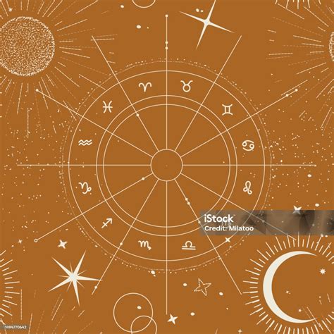 별자리 별자리 지도 원활한 패턴 천체 음력 점성술 별자리 달의 위상 원형 우주 디자인 우주 신비 은하 난해한 타로 디자인 브라운 화이트 0명에 대한 스톡 벡터 아트 및 기타
