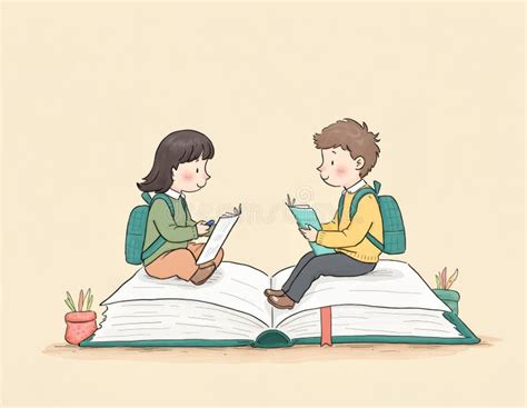 A Tiny Boy And Miniature Girl With Backpacks Sit On An Oversized Open