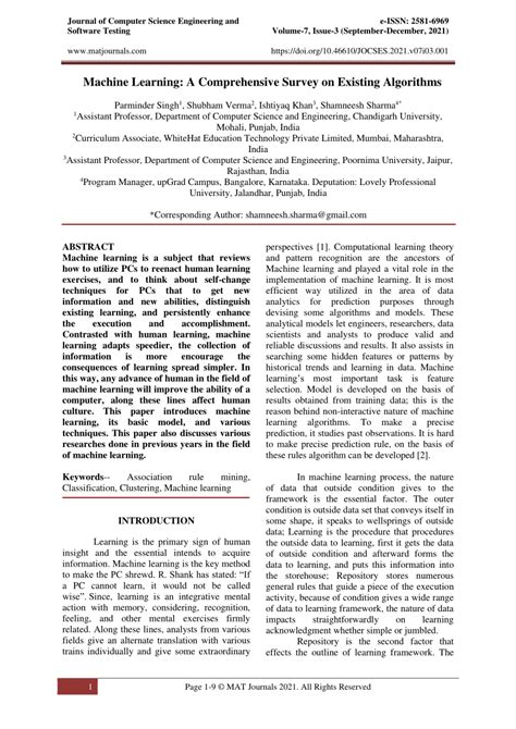 PDF Machine Learning A Comprehensive Survey On Existing Algorithms