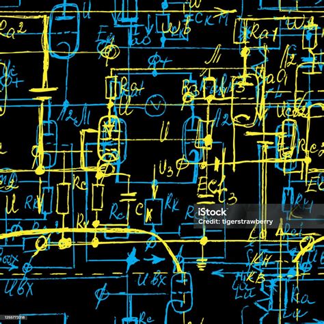 필기 수학적 및 물리적 수식 전자 구성 요소 회로 도표 및 장치의 회로와 과학원활한 색상 배경 색상의 전기 패턴 벡터 각도에