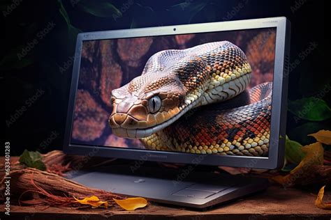 Snake Crawls Out Of The Monitor As A Symbol Of The Python Programming Language Stock