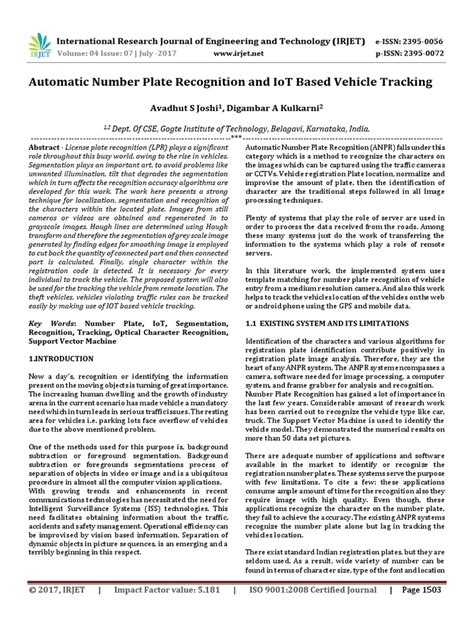 Automatic Number Plate Recognition And Iot Based Vehicle Tracking Pdf
