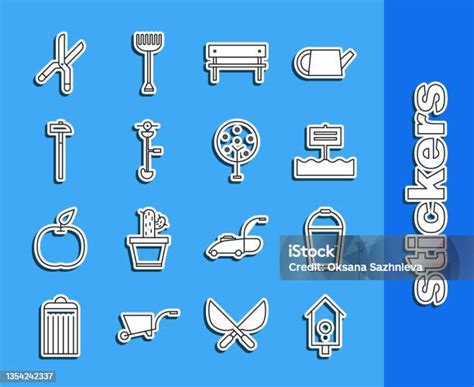 세트 라인 복고풍 벽 시계 양동이 빈 나무 간판 벤치 잔디와 잡초 전기 문자열 트리머 해머 원예 핸드메이드 가위와 나무 아이콘 벡터 0명에 대한 스톡 벡터 아트 및 기타