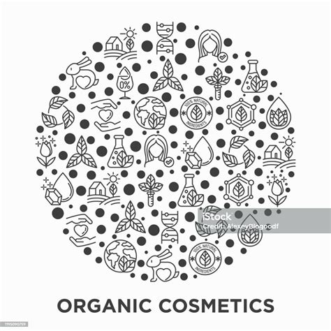얇은 선 아이콘이 있는 원형의 유기농 화장품 컨셉 징후 잔인한 무료 0 알코올 천연 재료 파라벤 무료 환경 친화적 인 미네랄 오일 없음 비 Gmo 현대 벡터 그림입니다 0