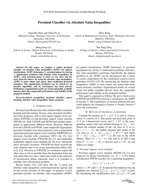 Pdf Proximal Classifier Via Absolute Value Inequalities