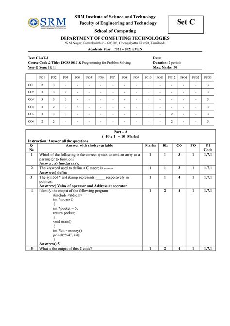 Set C Answer Key Ct 3 Pps Clat 3 Set C Question Paper Srm