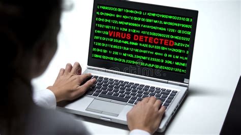 Virus Detected On Laptop Computer Woman Working Office Cybercrime Protection Stock Image
