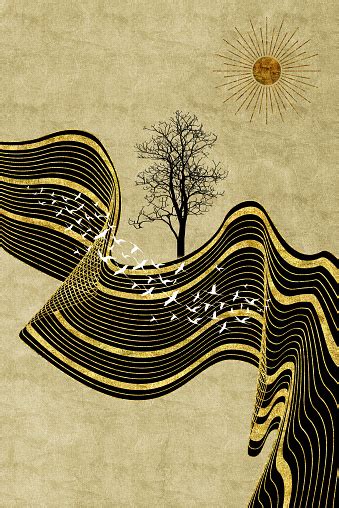 3d 벽화 벽지 검은 나무 물결 모양의 황금 선 태양 및 흰 새 벽 프레임에 사용하기 위해 정신 건강에 대한 스톡 사진 및 기타 이미지 Istock