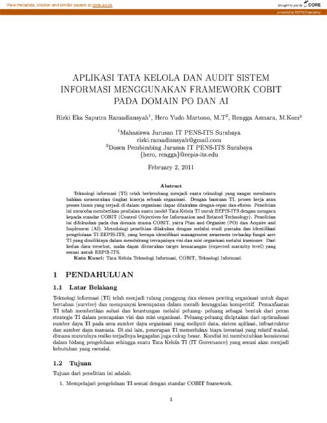 Pdf Aplikasi Tata Kelola Dan Audit Sistem Informasi Menggunakan Framework Cobit