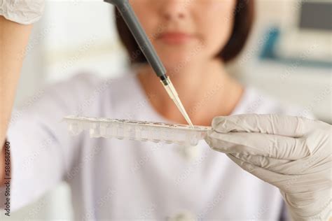 Female Biotechnology Medical Scientist Using Working With Micro Pipette Pipetting Loads Liquid