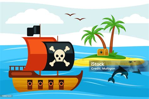 보물 섬 일러스트를 향해 항해 하는 해적선 야자만 근처에서 검은 돛을 가진 해적 호위함은 스페인 갤리온 의 금 상자에서 약탈된