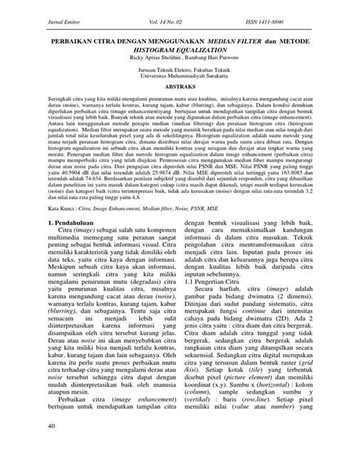 6 Perbaikan Citra Dengan Menggunakan Median Filter Dan Metode Histogram Equalization Pdf Pdf