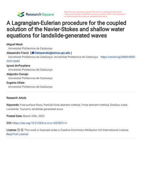 Pdf A Lagrangian Eulerian Procedure For The Coupled Solution Of The Navier Stokes And Shallow