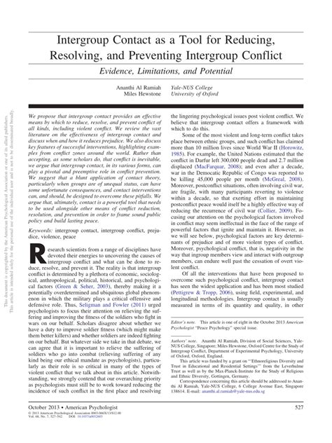 Pdf Intergroup Contact As A Tool For Reducing Resolving And