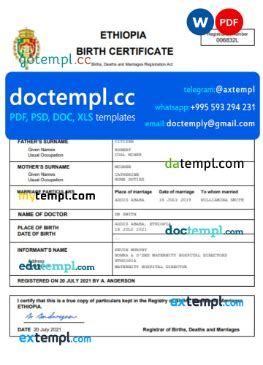 Ethiopia Vital Record Birth Certificate Word And PDF Template Completely Editable