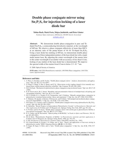 Pdf Double Phase Conjugate Mirror Using Sn2p2s6 For Injection Locking