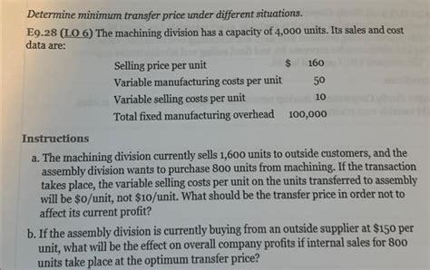 Solved Determine Minimum Transfer Price Under Different