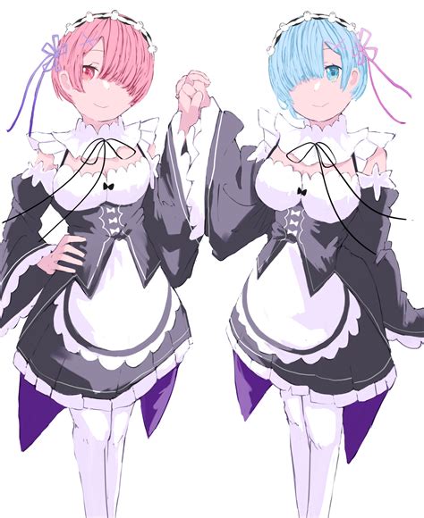 배경 화면 애니메이션 소녀들 레 제로 카라하지 메루 이세 카이 세이 카츠 렘 레 제로 램 레 제로 짧은 머리 파란 머리 핑크 머리카락 하녀 가정부 복장