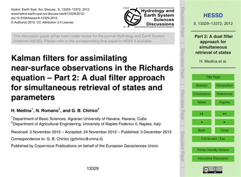 Pdf Kalman Filters For Assimilating Near Surface Observations In The Richards Equation Part