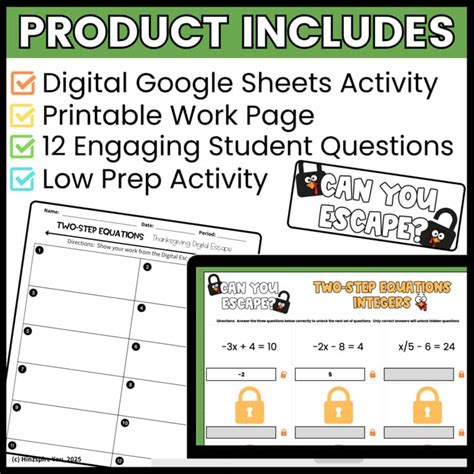 Two Step Equations With Integers Digital Escape Room Self Checking