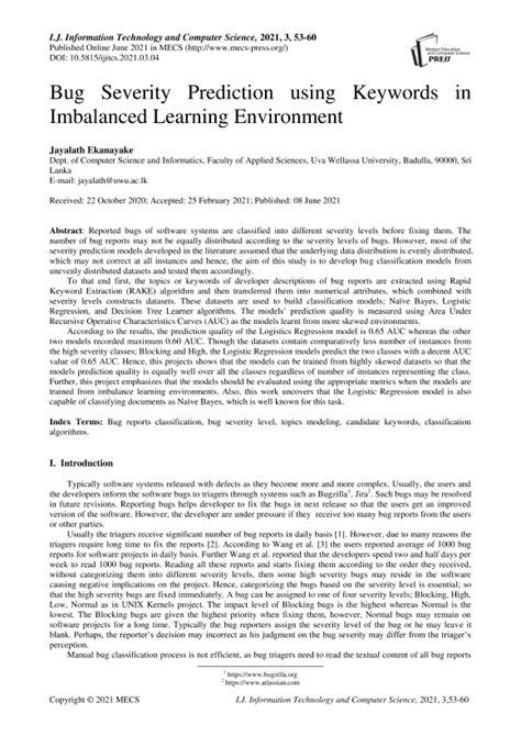 Bug Severity Prediction Using Keywords In Imbalanced Learning Environment Ijitcs SciUp Org