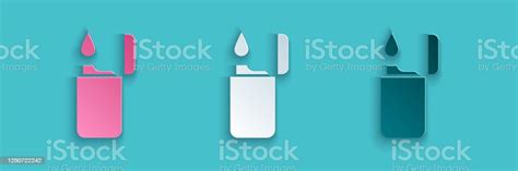 파란색 배경에 격리된 용지 컷 라이터 아이콘입니다 종이 아트 스타일 벡터 일러스트레이션 3차원 형태에 대한 스톡 벡터 아트 및 기타 이미지 3차원 형태 가솔린 가연성