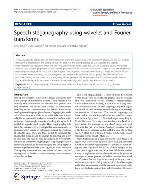 Pdf Speech Steganography Using Wavelet And Fourier Transforms Siwar Rekik