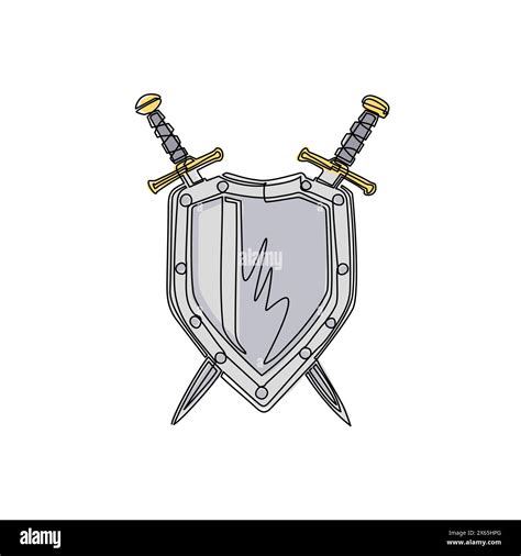 Continuous One Line Drawing Shield And Crossed Swords Icon Flat Design