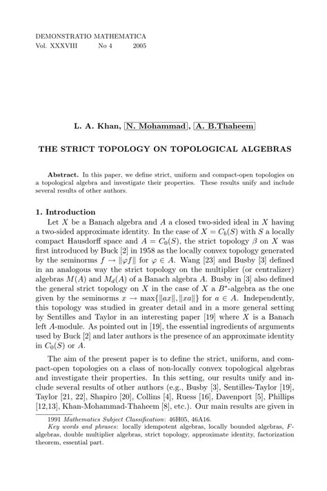 Pdf The Strict Topology On Topological Algebras