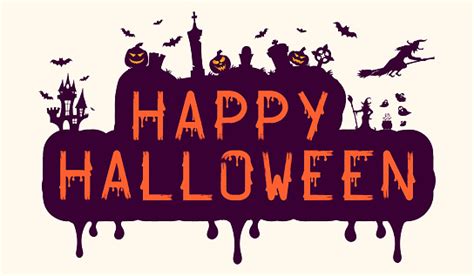 해피 할로윈 문구입니다 호박 마녀 박쥐 묘지 및 으스스한 집이있는 10 월 파티를위한 초대 포스터 또는 텍스트 배너를위한 디자인