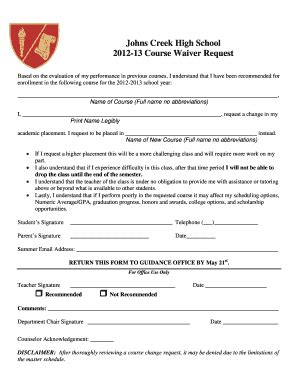 2012 2026 Form Ga Johns Creek High School Course Waiver Request Blank