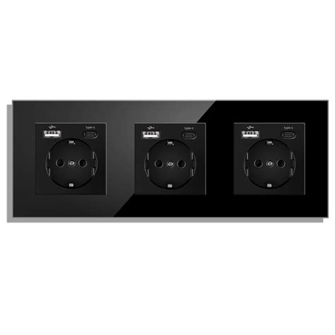 Розетка электрическая 3 поста с Usb Type C Аc рамка 228х86мм стекло цвет черный купить на