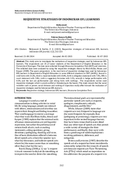 Pdf Requestive Strategies Of Indonesian Efl Learners